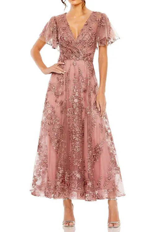 Mac Duggal Flutter Sleeve Faux Wrap Embellished Tea Length Dress