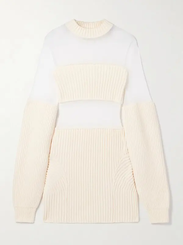 Jean Paul Gaultier Paneled Ribbed Wool And Mesh Mini Dress - Ecru