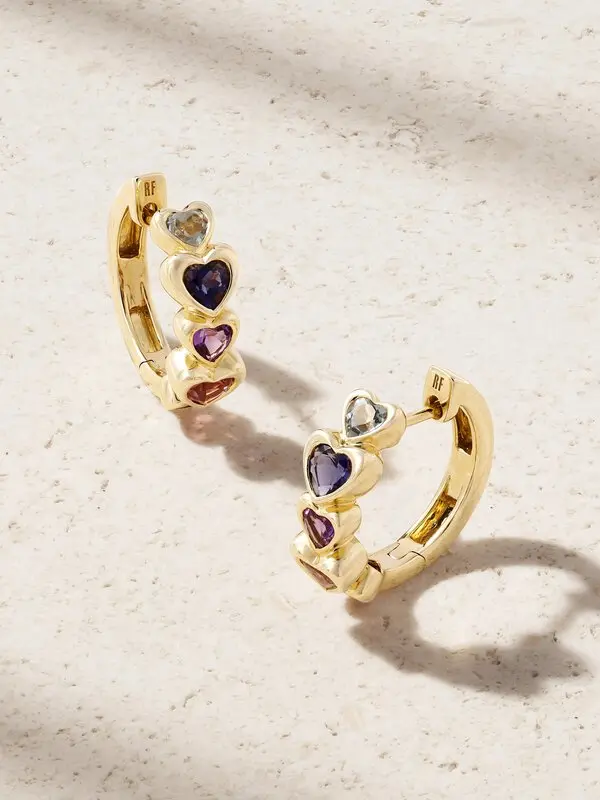 ROXANNE FIRST Heart Stack 14-karat Gold Stone Hoop Earrings