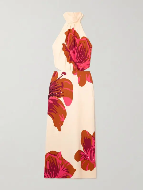Johanna Ortiz Embellished Printed Crepe Halterneck Midi Dress - Ecru