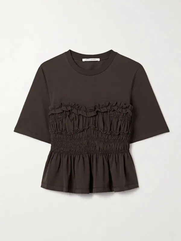Cecilie Bahnsen Vilde Ruffled Shirred Cotton-jersey T-shirt - Brown
