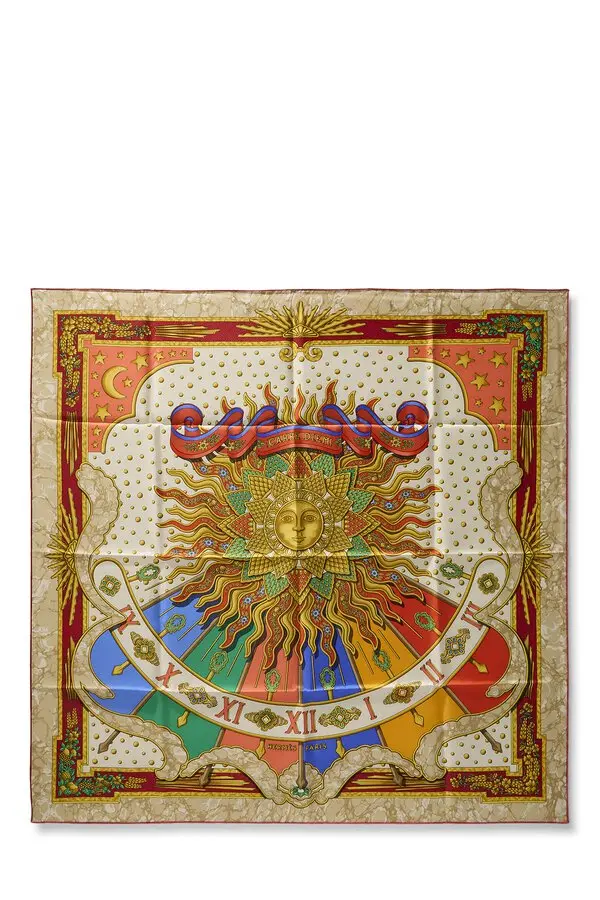 Hermès Cream & Multicolor 'carpe Diem' Silk Scarf 90