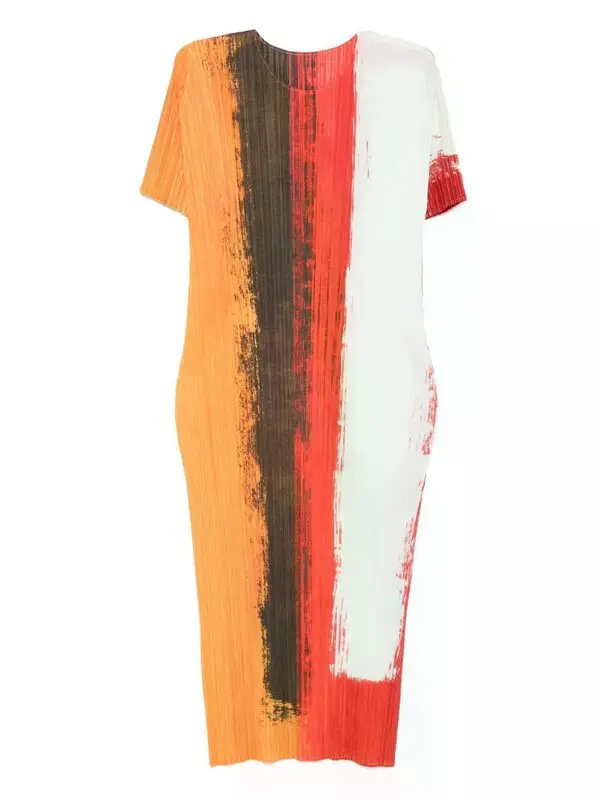 Issey Miyake Pleated Paint-effect Midi Dress