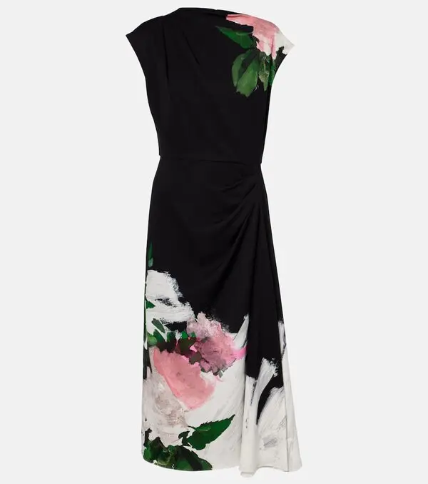 Erdem Floral Gathered Midi Dress - Black