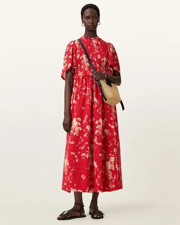 All Saints Mya Floral Shirred Midi Dress
