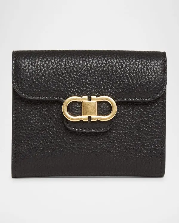 FERRAGAMO Double Gancio Grainy Leather Wallet - Nero Flame Red