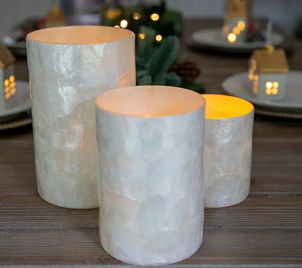 LAUREN MCBRIDE S/3 Capiz Hurricanes W/ Led Candles By