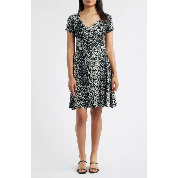 Loveappella Leopard Print Surplice Neck Dress - Black/gray