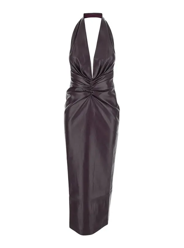 Andamane Long Eco Leather Dress With V-neck And Draped Details - Red