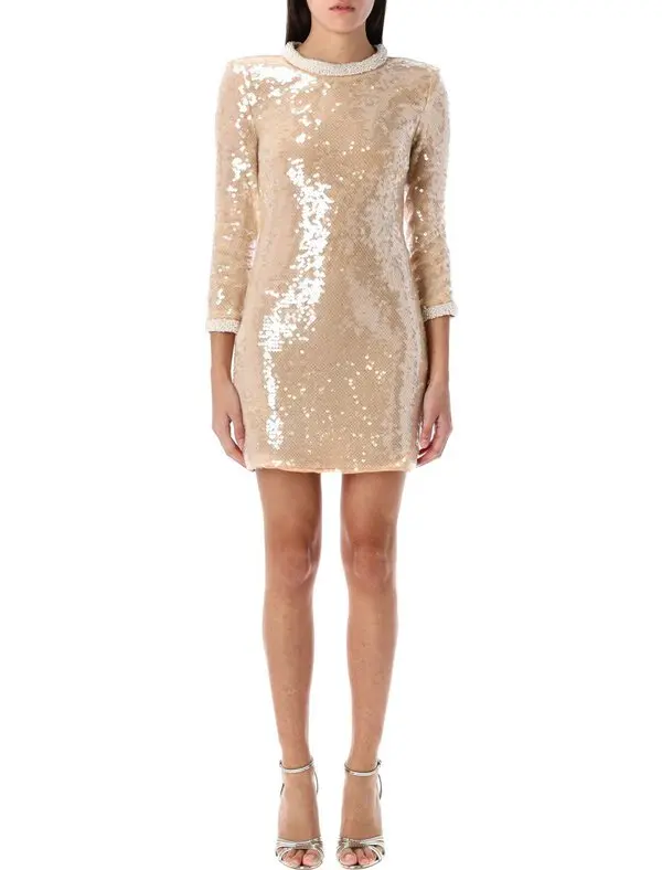SELF-PORTRAIT Pearl Trim Sequin Mini Dress - Beige