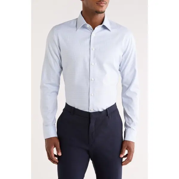 Nordstrom Trim Fit Check Premium Non Iron Cotton Button-up Shirt - Blue Marzano Texture