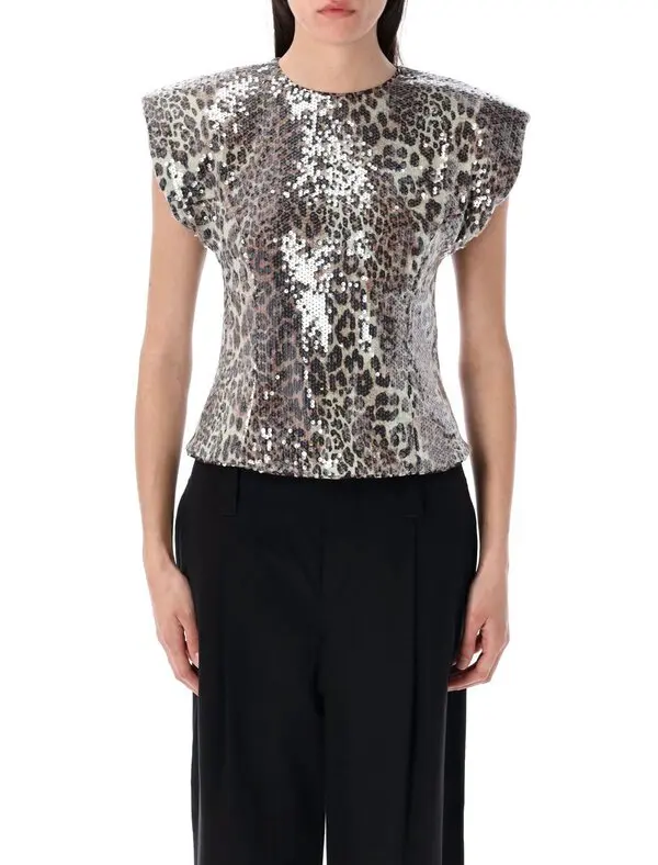 GANNI Leopard Print Sequin Top - Multicolor