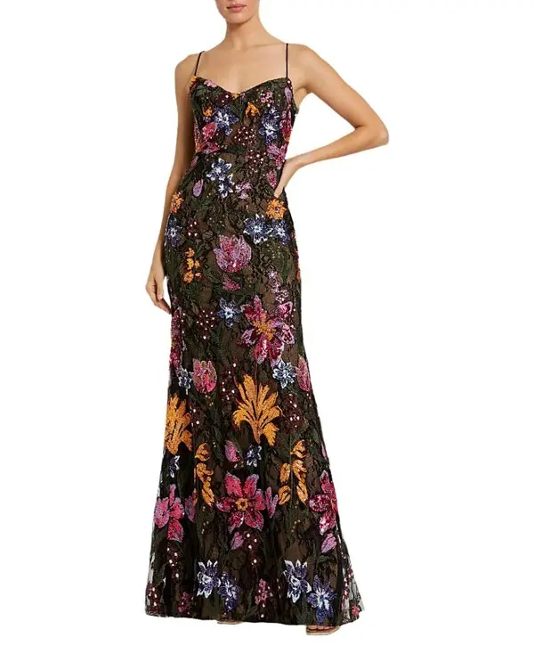 Mac Duggal Spaghetti Strap Floral Embroidered Gown - Black Multi