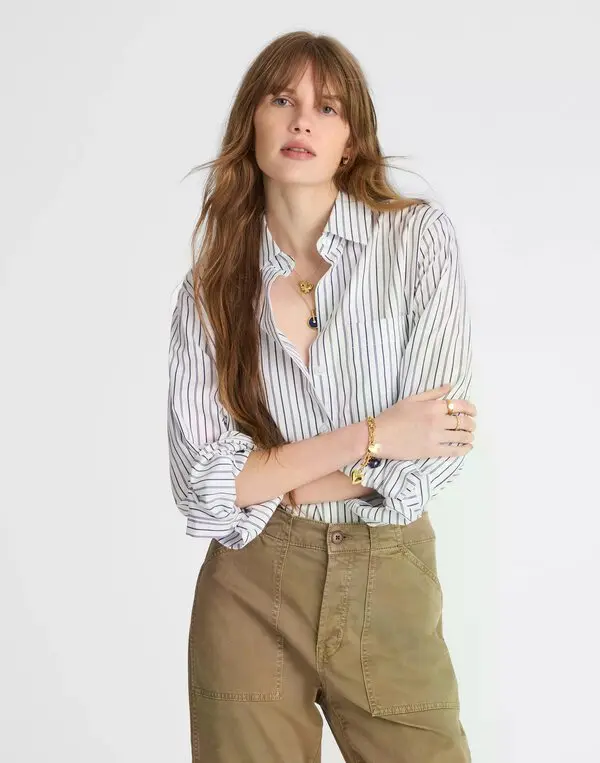 Madewell Easy Y-neck Button-up Shirt - Dark Blue And White Stripe