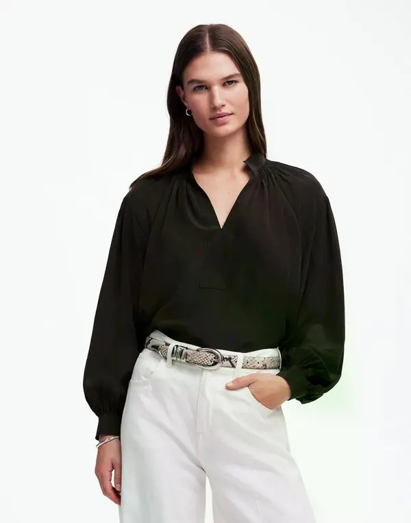 Madewell Shirred Long-sleeve Silk Top - True Black