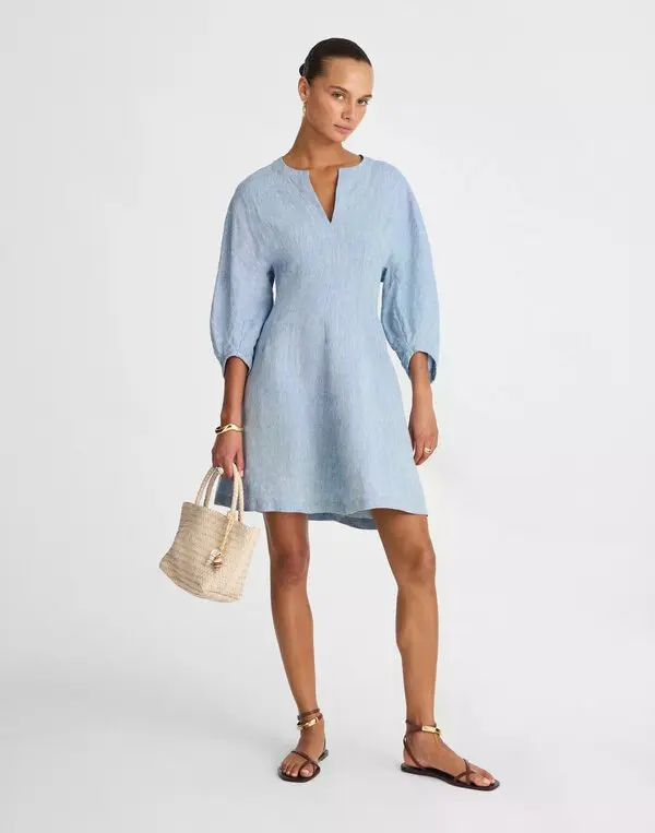 Madewell Split-neck Linen Mini Dress - Sunfaded Blue