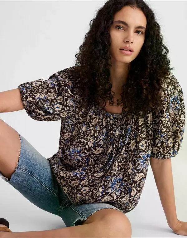 Madewell Floral Puff-sleeve Scoopneck Top