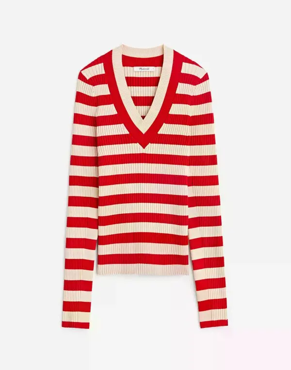Madewell Striped V-neck Cotton-blend Sweater - Hthr Sand Stripe