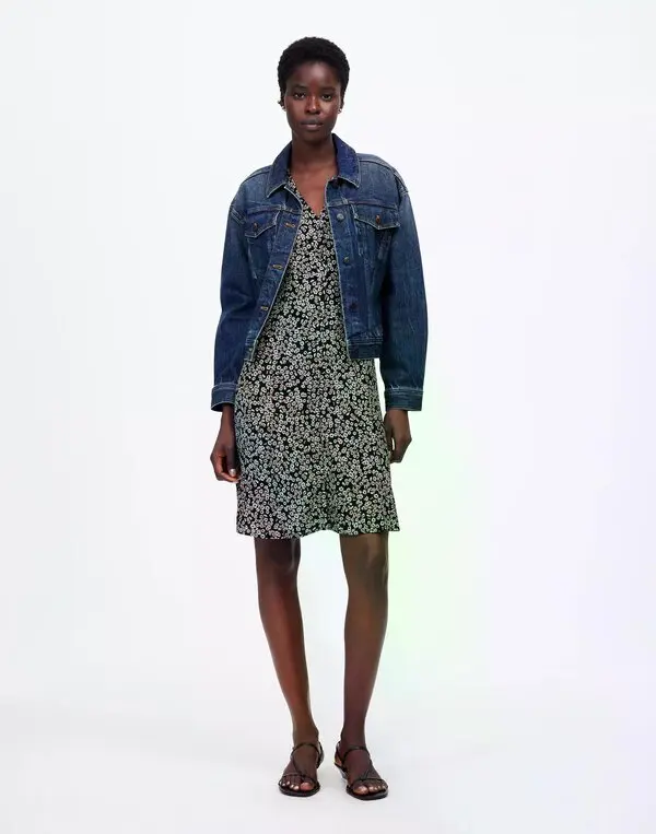 Madewell Flutter-sleeve Mini Dress In Floral Print - Daisy Black Ground