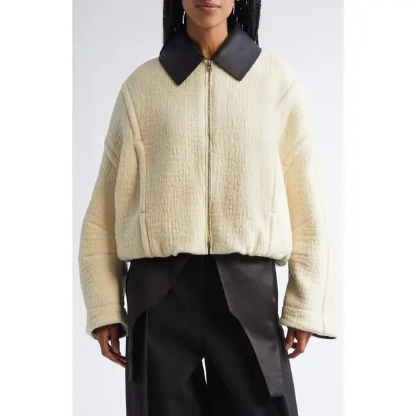 Jean Paul Gaultier Lambskin Leather Collar Bomber Jacket - Ecru/black