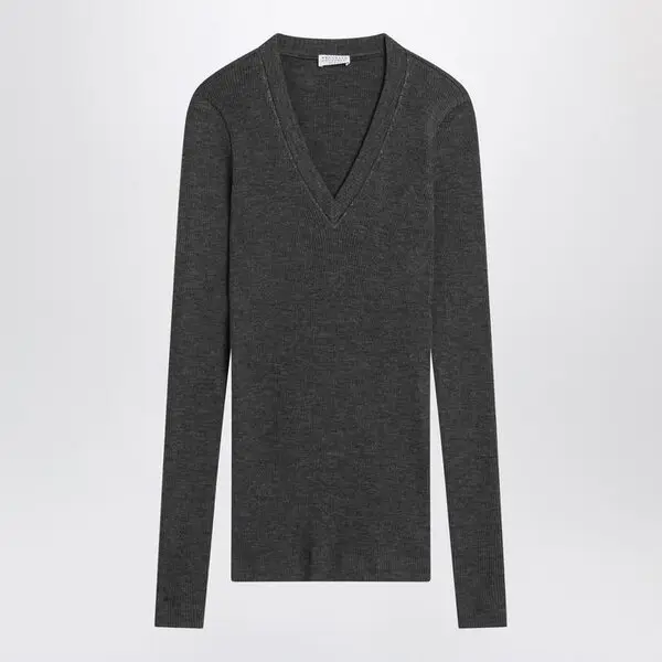 Brunello Cucinelli Ribbed Wool V-neck Sweater - Grey