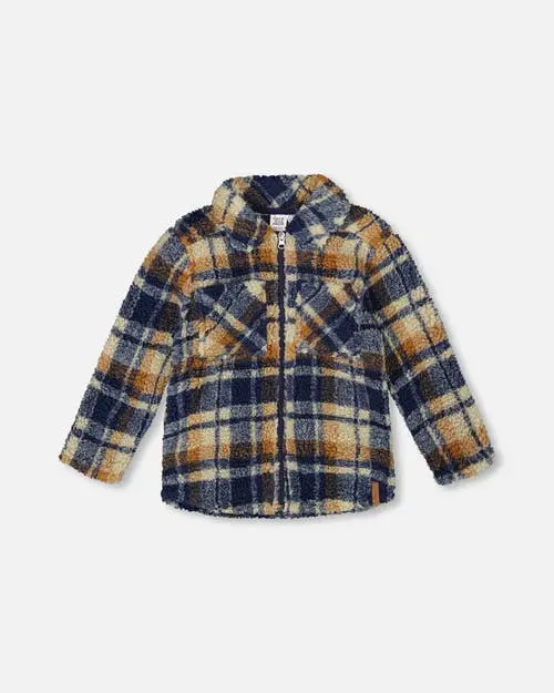 DEUX PAR DEUX Long Sleeve Zip Front Overshirt - Blue And Brown Plaid