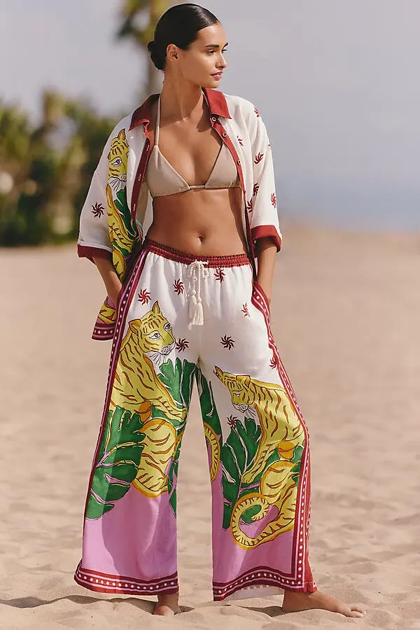 CELANDINE Linen Blend Wide-leg Pants - Ivory Pattern