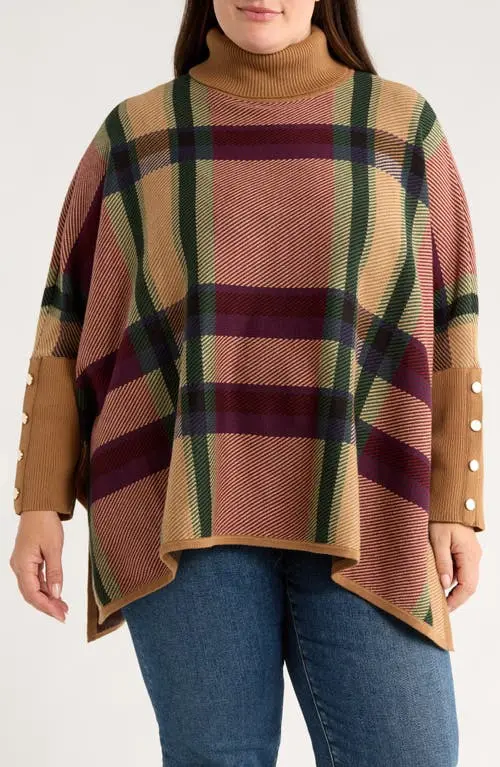 Jones New York Plaid Jacquard Turtleneck Poncho