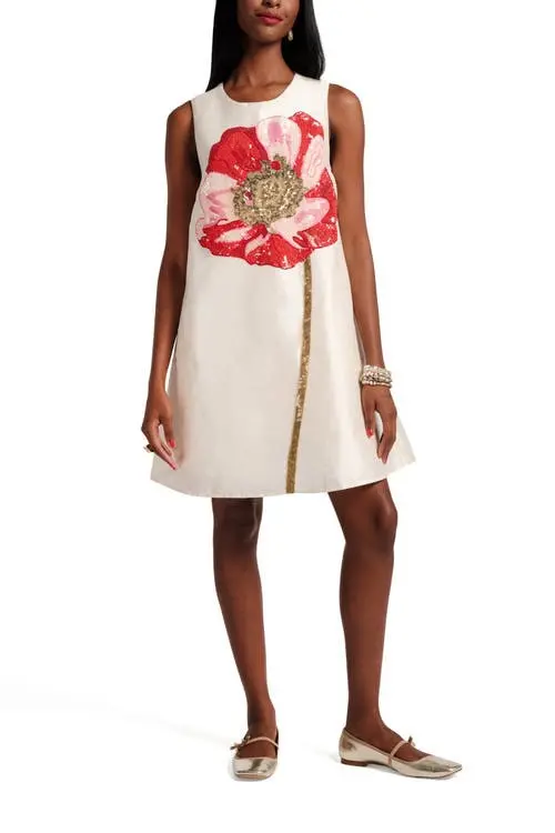 FRANCES VALENTINE Alice Shift Dress With Sequin Flower - Oyster/multi