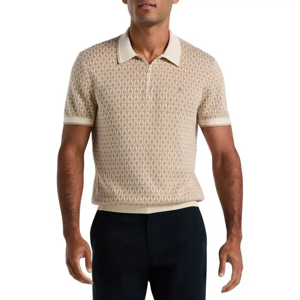 ORIGINAL PENGUIN Geo Pattern Cotton & Modal Zip Polo Sweater