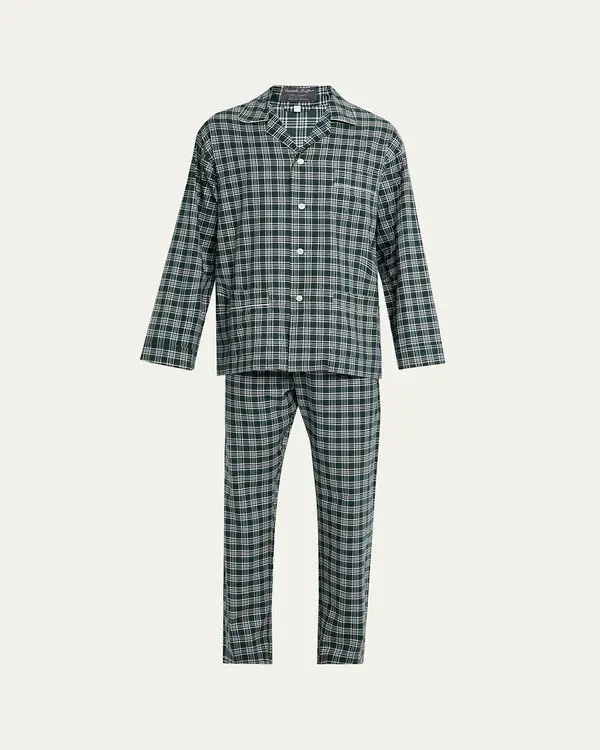 EMANUELE MAFFEIS Plaid Cotton Flannel Long Pajama Set - Navy Plaid