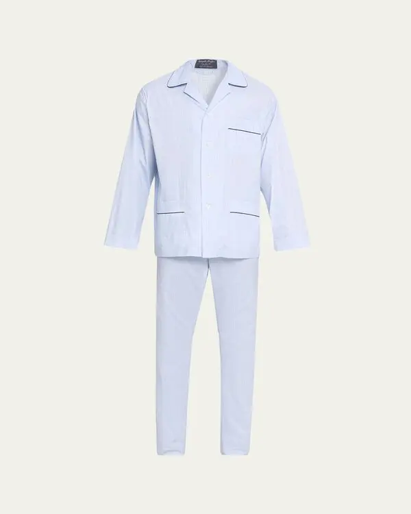 EMANUELE MAFFEIS Cotton Micro-plaid Long Pajama Set With Piping