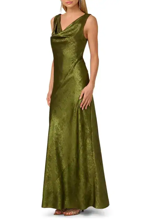 Adrianna Papell Cowl Neck Foil Gown - Dark Olive | Editorialist