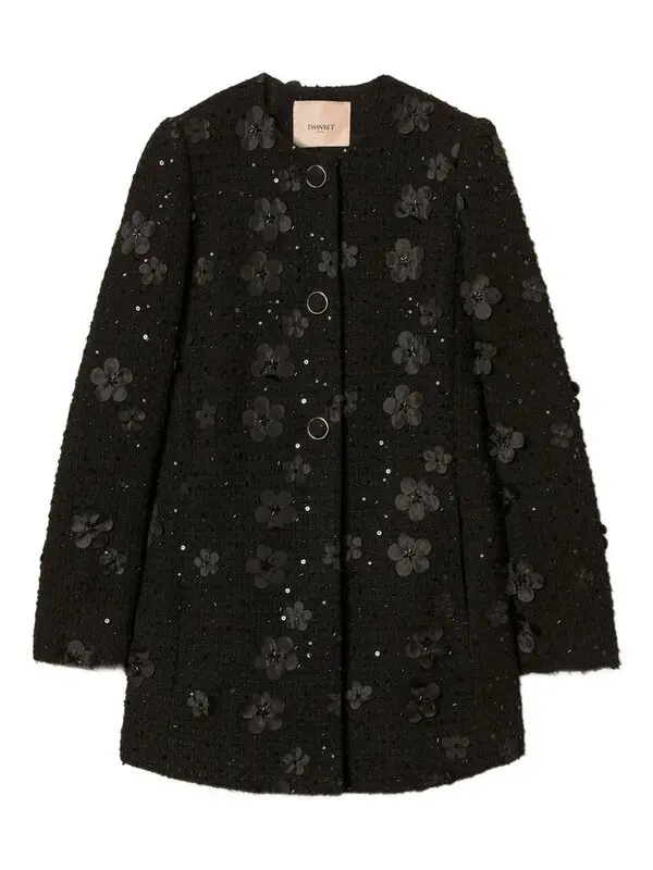 TWINSET Bouclé Coat With Floral And Sequin Embellishments - Boucle
