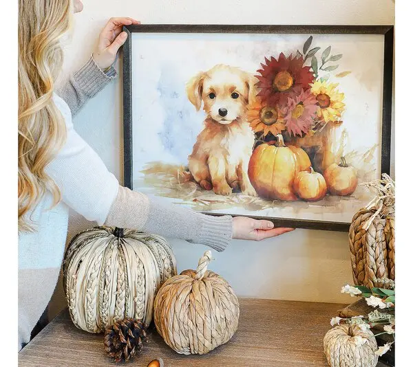 SINCERE SURROUNDINGS 24' Puppy Sunflower Pumpki Ns Thin Frame