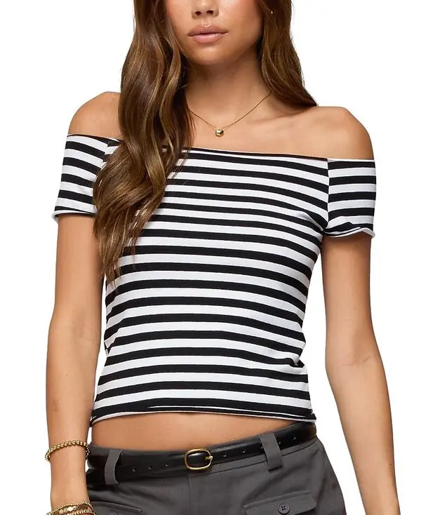EDIKTED Amanda Striped Off Shoulder Top - Black And White