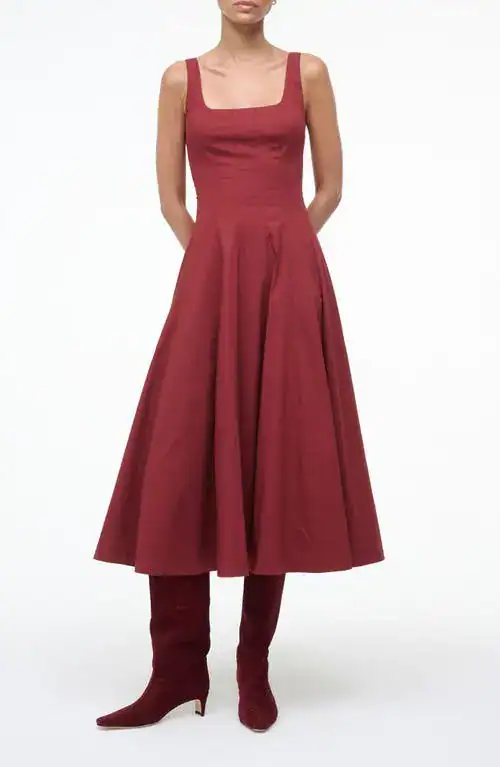 Staud Wells Stretch Cotton Fit & Flare Midi Dress In Sangria - 43% Off |  Editorialist
