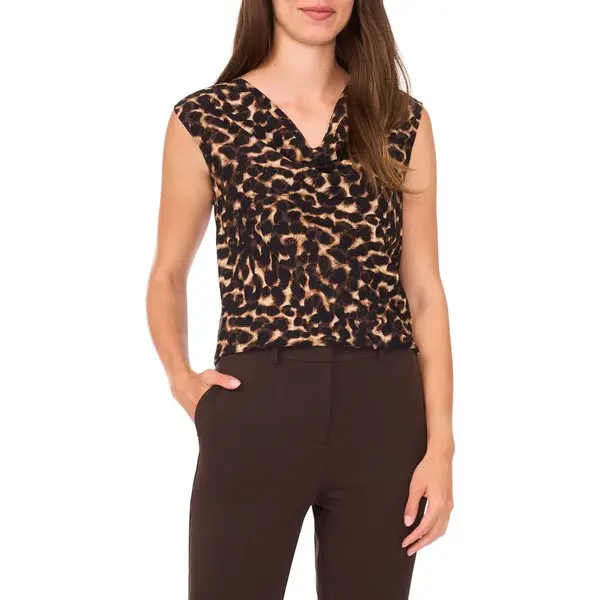 Halogen Animal Print Cowl Neck Top - Nomad Camel