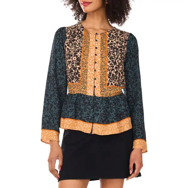 Vince Camuto Mixed Print Peplum Button-up Shirt