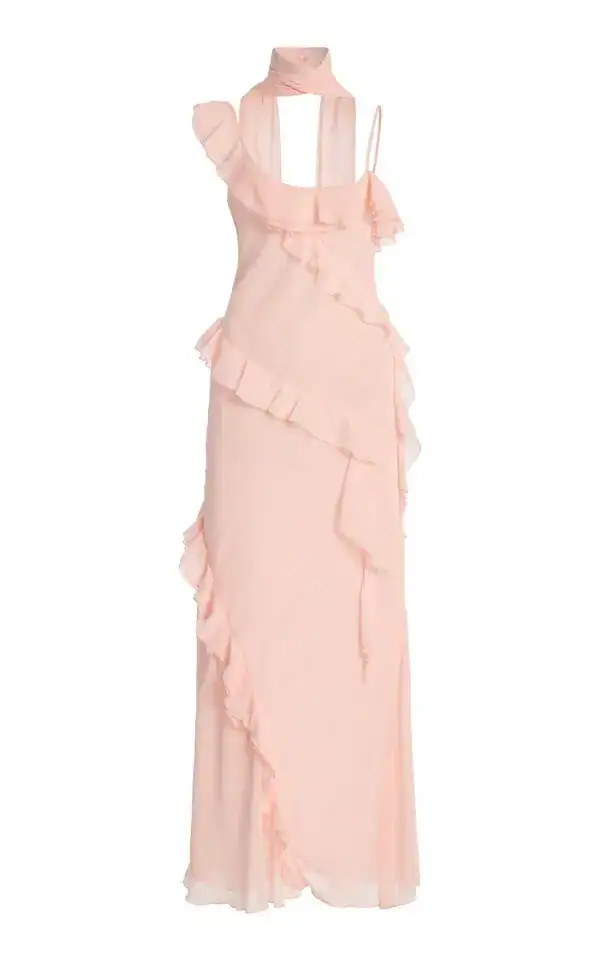 SIEDRS - exclusive Monica Scarf-Neck Ruffled Georgette Maxi Dress - Light Pink - EU 40 - Moda Operandi