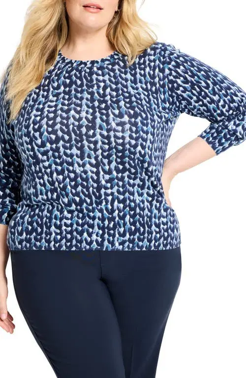 NIC+ZOE Geo Print Crewneck Cotton Sweater - Blue Multi