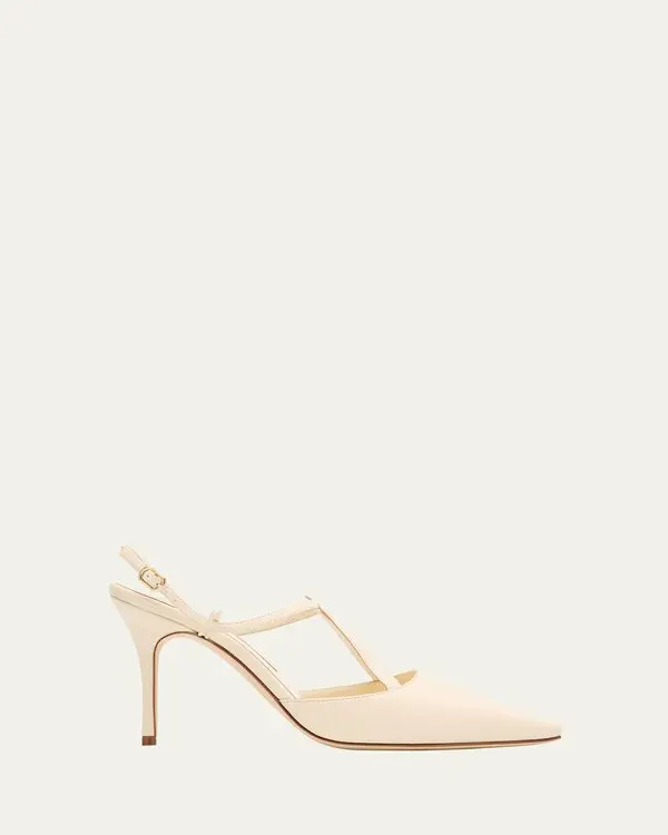 Manolo Blahnik Minia Nappa Leather T-strap Stiletto Pumps - Cream