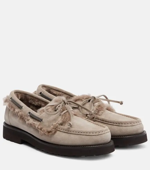 Brunello Cucinelli Monili Shearling-trimmed Suede Boat Shoes - Beige