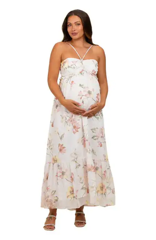 Pinkblush Floral Chiffon Halter Maxi Dress - Cream | Editorialist