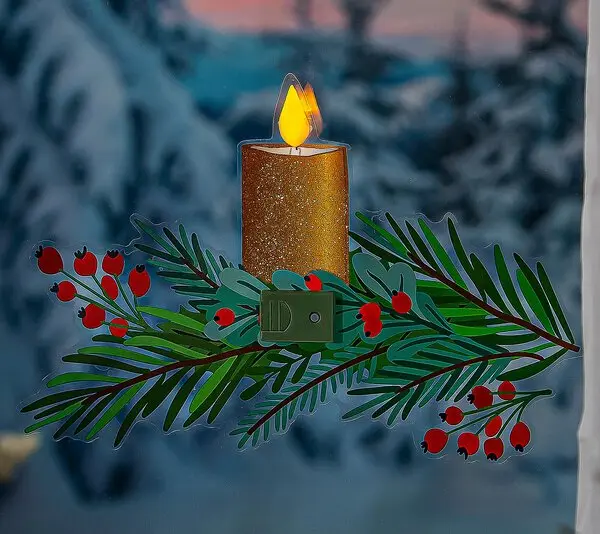 EVERGREEN 12'l Led Flickering Candle & Greenery Window Decal