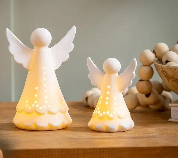 EVERGREEN Set Of 2 Led Ceramic Angels Table Decor