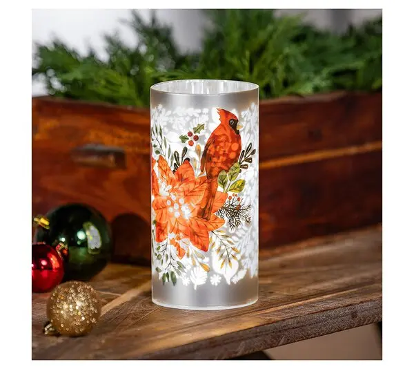 EVERGREEN 8' Led Lasercut Glass W/ Cardinal & P Oinsettia Decor