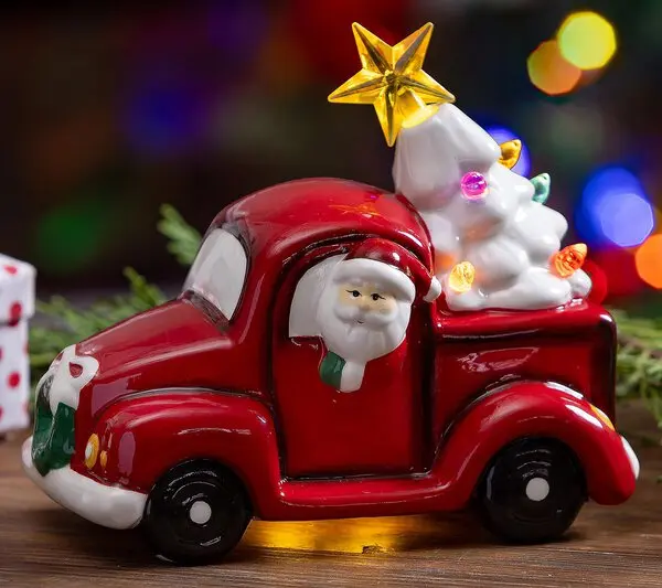 EVERGREEN 6.5'l Led Ceramic Santa In Truck Tabl E Decor