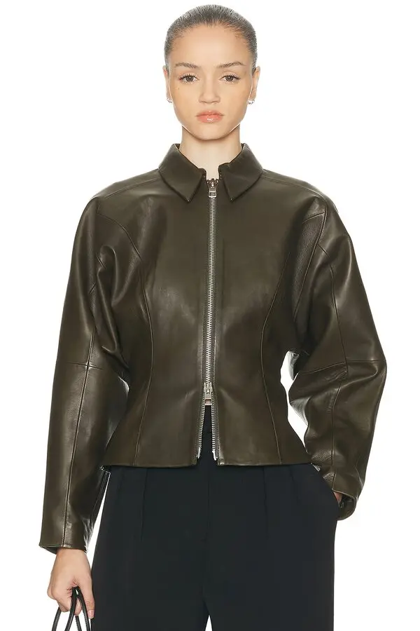 THE SEI Fitted Leather Jacket - Army