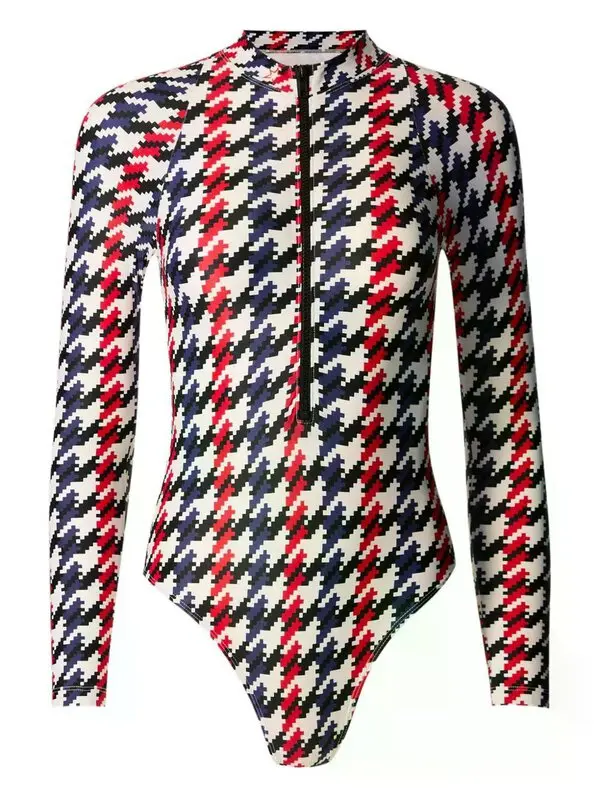 Perfect Moment Houndstooth Long-sleeve Half-zip Swimsuit - White